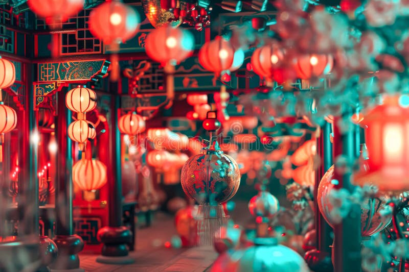 Long Walkway with Red Lanterns Hanging from the Ceiling. Stock Photo ...