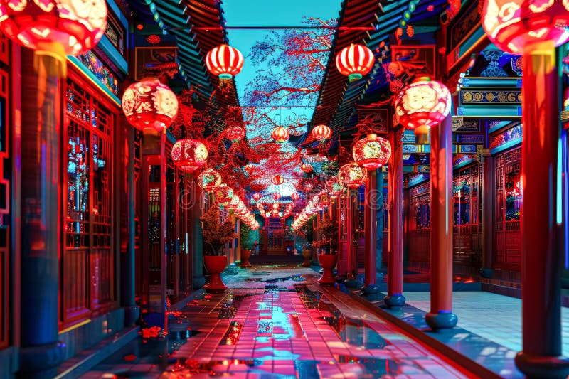 Long Walkway with Red Lanterns Hanging from the Ceiling Stock Photo ...