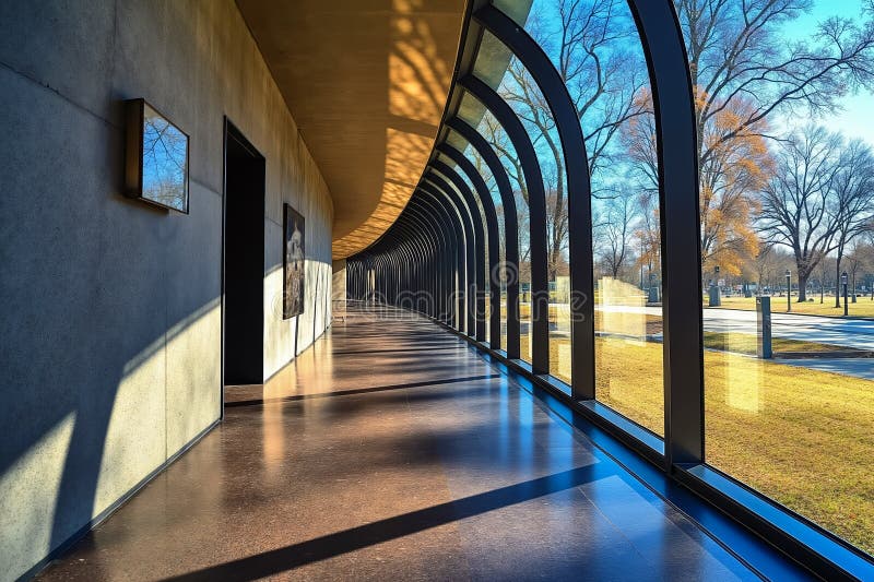 A Long Walkway with a View of a Park through a Window Stock Image ...