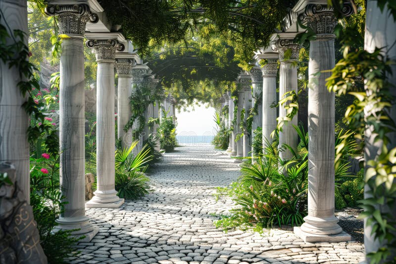 Long Walkway with White Pillars and a View of the Ocean. Stock Image ...