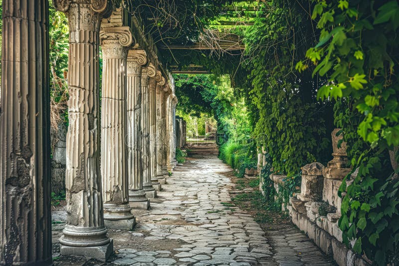 Long Walkway with White Pillars and a View of the Ocean. Stock Photo ...