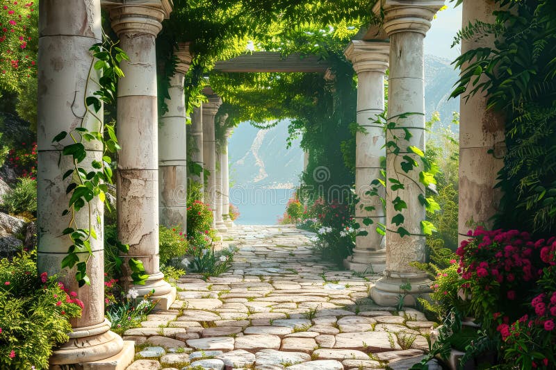 Long Walkway with White Pillars and a View of the Ocean. Stock Image ...