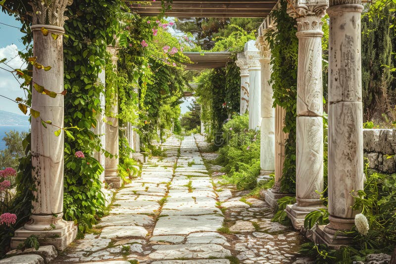 Long Walkway with White Pillars and a View of the Ocean. Stock Photo ...