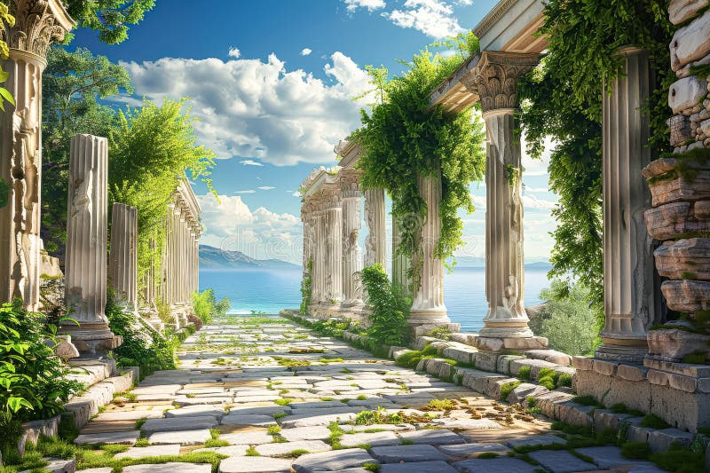 Long Walkway with White Pillars and a View of the Ocean. Stock Image ...