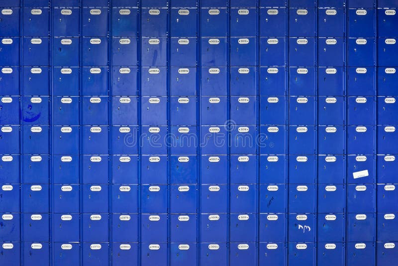 Long Wall of Blue Post Office Boxes Stock Image - Image of message ...