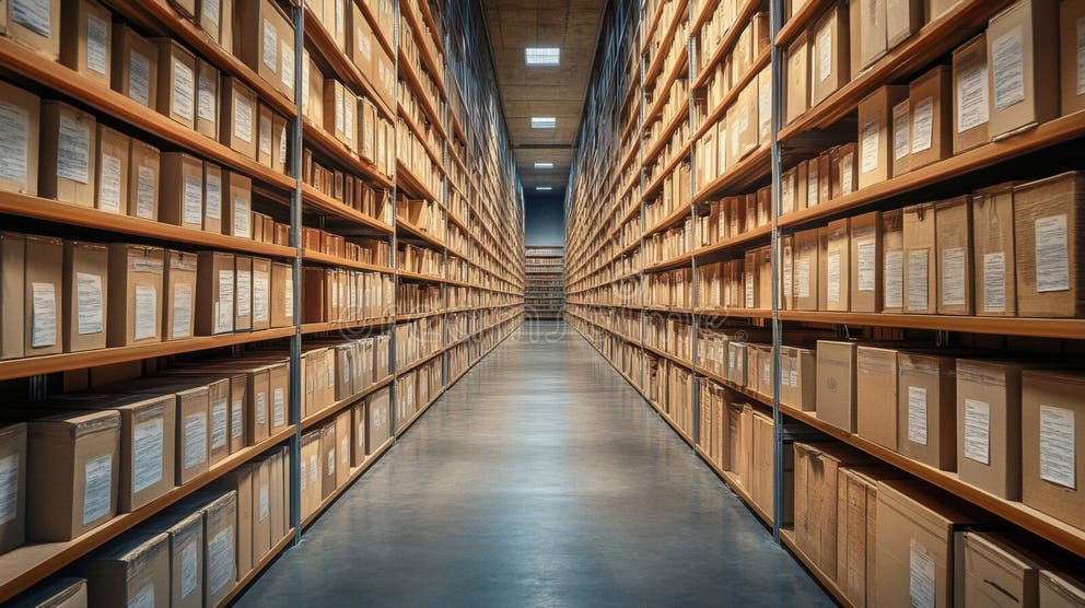Long Warehouse Aisle with Rows of Cardboard Boxes Stock Illustration ...