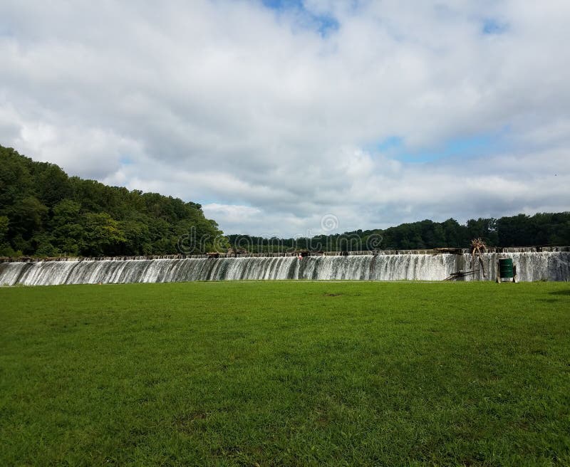 Long Waterfall and Green Grass Field Stock Image - Image of flowing ...