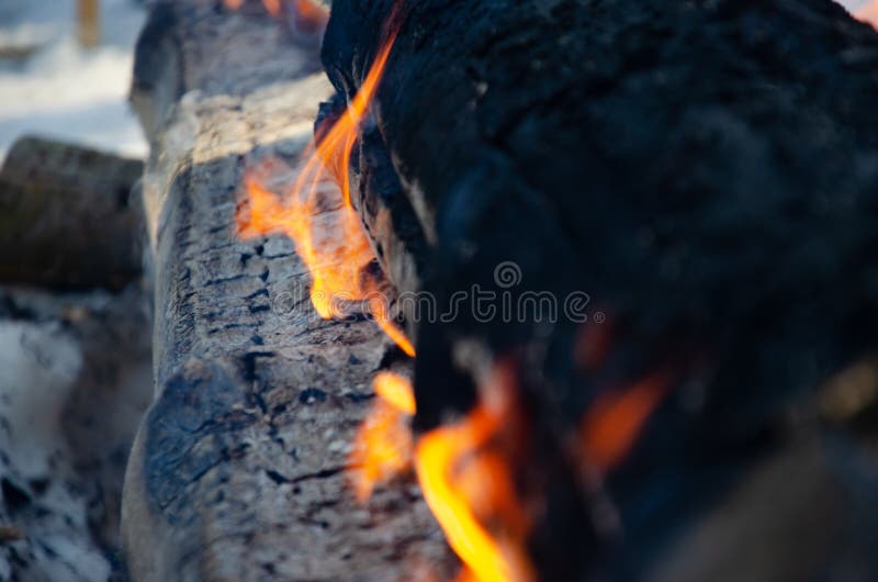 A Long and Weakly Burning, Smoldering Fire Made of Logs. Stock Image ...