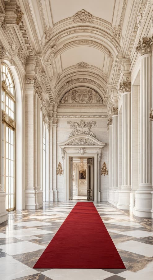 A Long White Arched Hallway is Traversed by a Red Carpet Stock Image ...