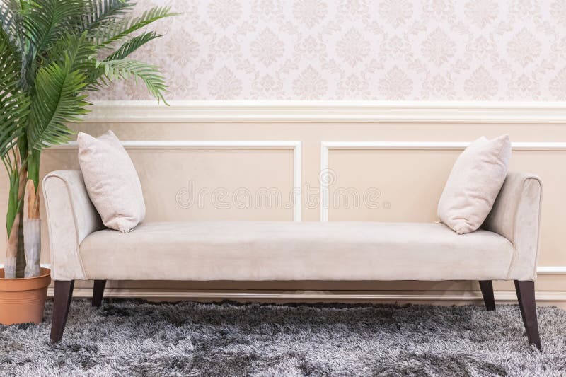 A Long White Bench with 2 White Pillows Stock Image - Image of indoor ...