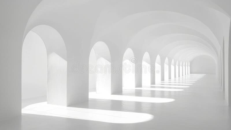 A Long White Corridor with Arches and Columns. Stock Image - Image of ...