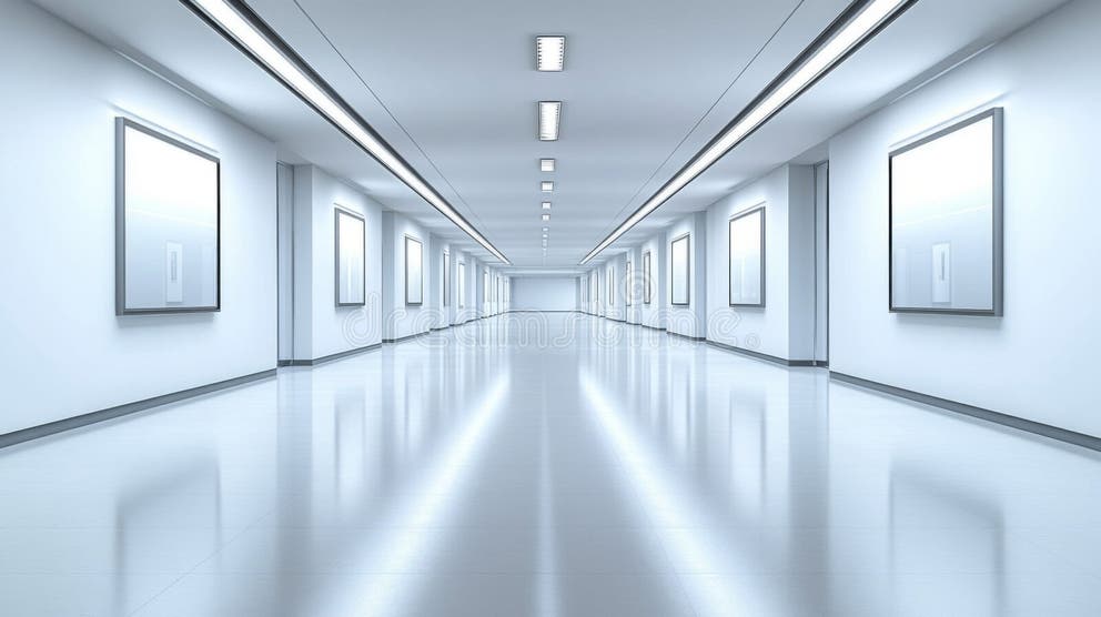 Long White Corridor with Bright Fluorescent Lighting Stock Illustration ...