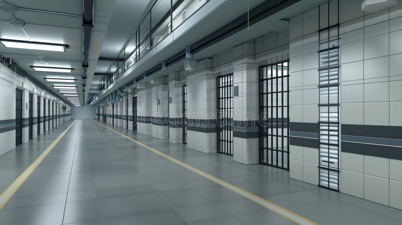 A Long, White Corridor in a Prison with Barred Cell Doors and a Yellow ...