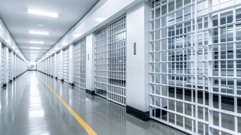 A Long, White Corridor in a Prison with Barred Cell Doors and a Yellow ...