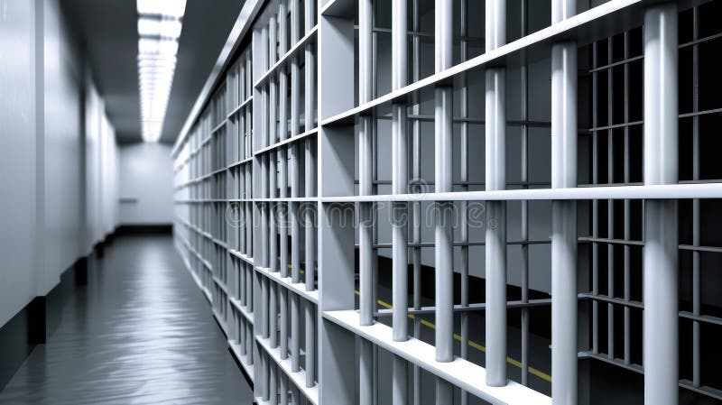 A Long, White Corridor in a Prison with Barred Cell Doors and a Yellow ...