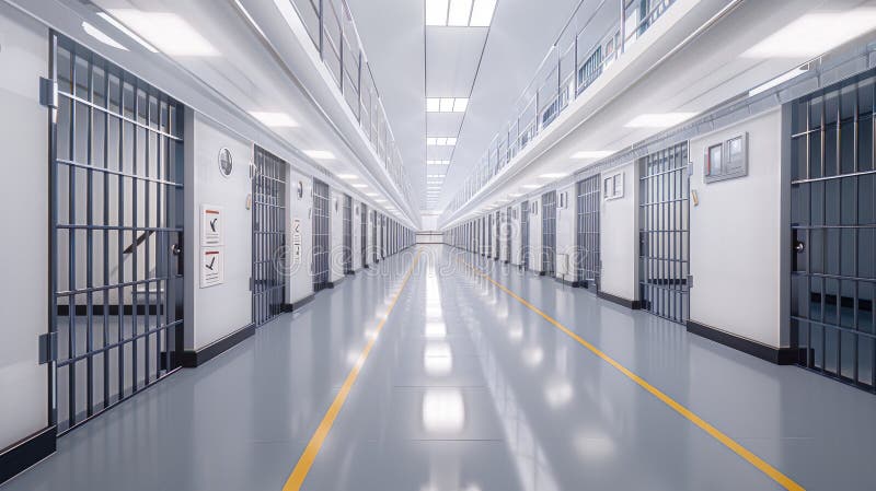 A Long, White Corridor in a Prison with Barred Cell Doors and a Yellow ...