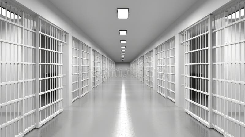 A Long, White Corridor in a Prison with Barred Cell Doors and a Yellow ...