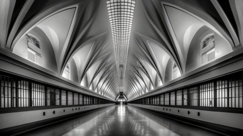 A Long, White Corridor in a Prison with Barred Cell Doors and a Yellow ...