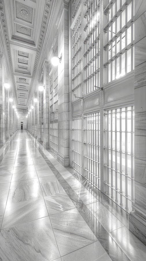A Long, White Corridor in a Prison with Barred Cell Doors and a Yellow ...
