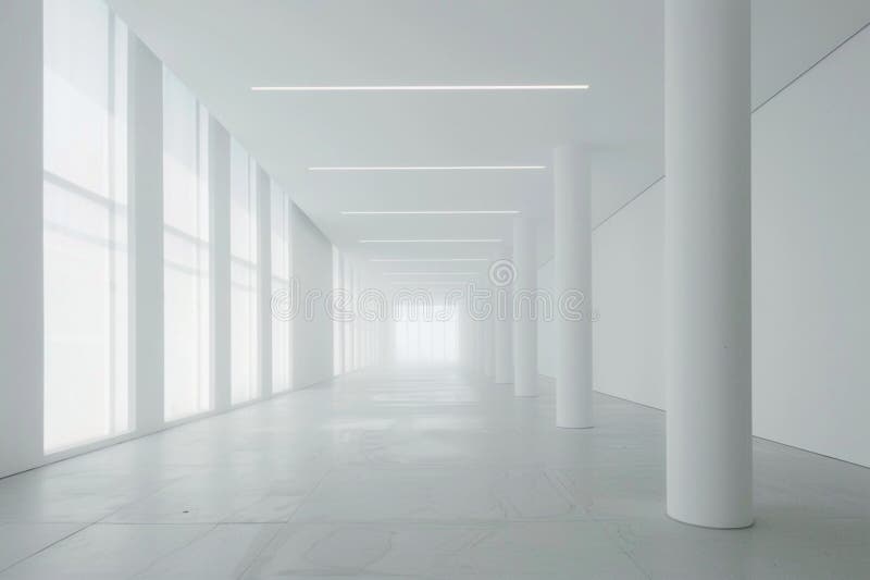 A Long White Hall with Tall Columns and a Large Window Stock ...