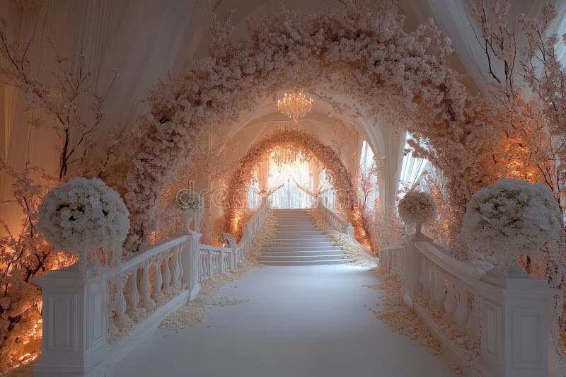 Long White Hall with Wedding Archway Adorned with White Flowers Stock ...