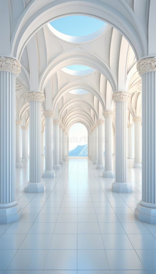 Long White Hallway with Columns and Arches Stock Image - Image of ...