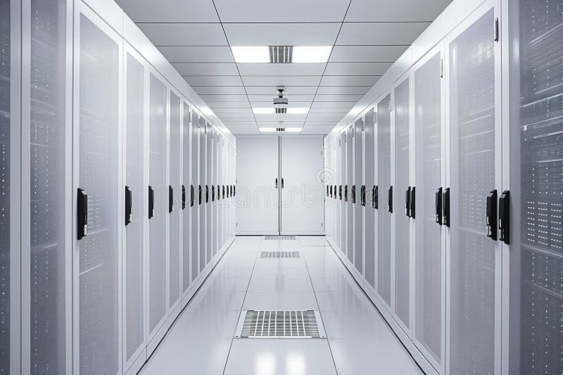 A Computer Monitor Displays a Server Room with a Spotlight Shining Down ...