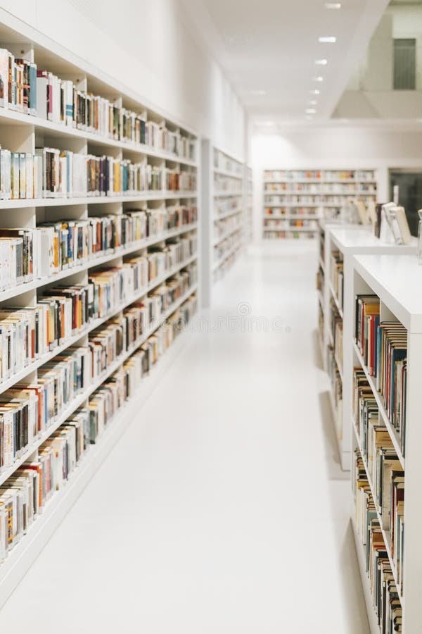 Long White Library Bookshelves in Perspective. Endless Rows of ...