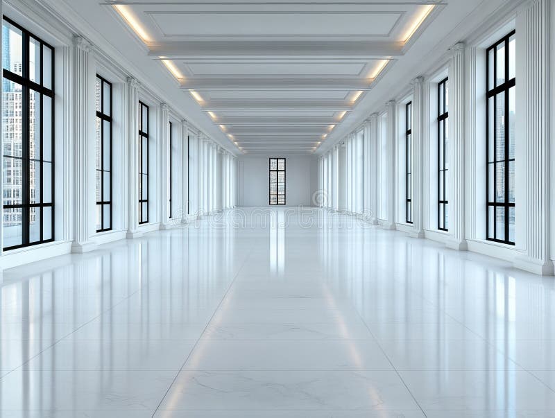 A Long White Room with Large Windows and a White Floor Stock Photo ...