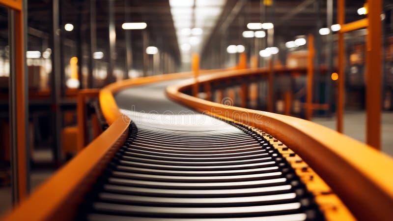 A Long Winding Conveyor Belt System in a Large Warehouse Showcasing ...