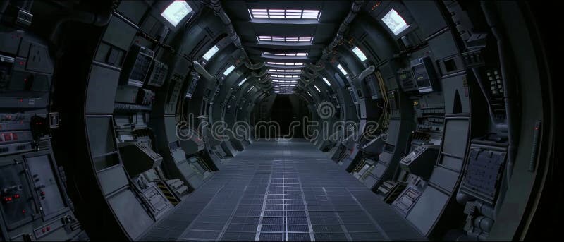 A Long, Winding Corridor with a Metallic, High-tech Interior, Filled ...