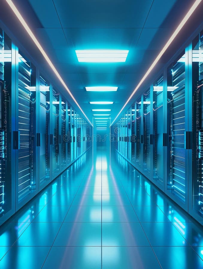 A Long, Winding Data Center Corridor Lined with Glowing Server Racks ...