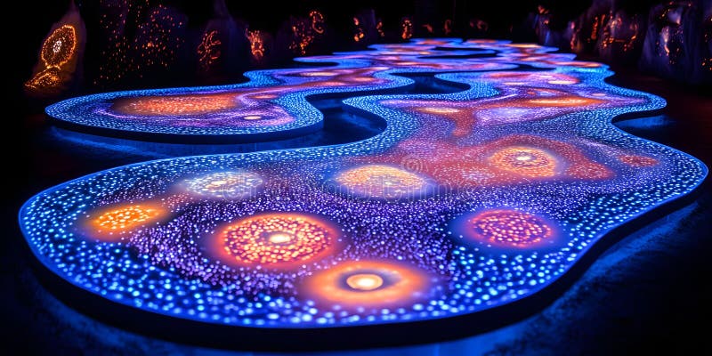 A Long Winding Path with Glowing Blue Edges and Orange Circular Lights ...