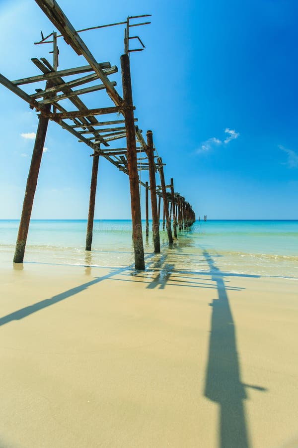 Long Wood Bridge on the Beach with Blue Sky Stock Photo - Image of long ...