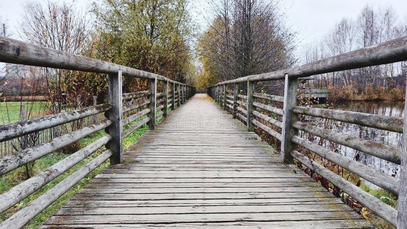 Long Wooden Bridge Autumn Fall Park River Stock Image - Image of wooden ...