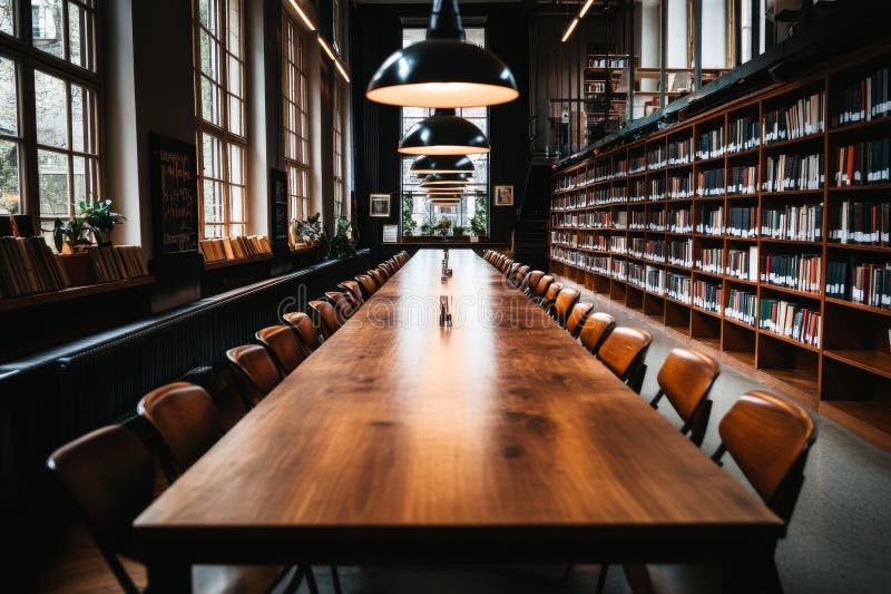 Long Wooden Table and Chairs in Modern Library Interior Design Stock ...