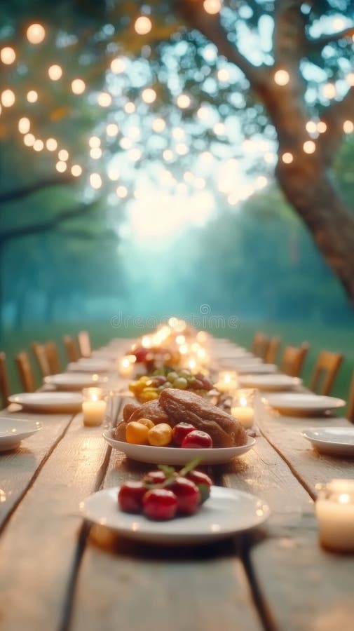 Outdoor Dining Table Set with Fresh Fruits and Bread Under String ...