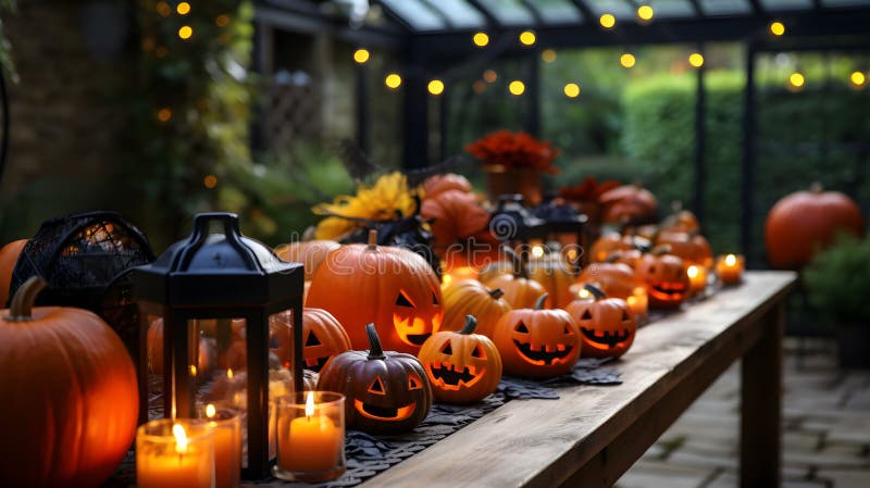 Long Wooden Table with a Rustic, Autumnal Display Featuring Pumpkins ...
