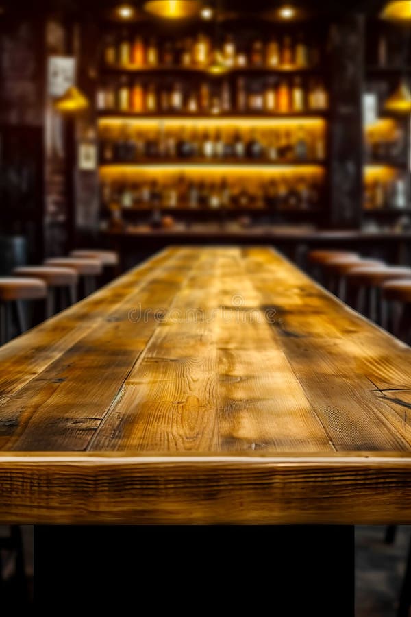 Long Wooden Table Sitting in Front of Row of Bar Stools. Generative AI ...