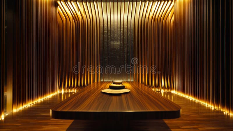A Long Wooden Table Sitting in the Middle of a Room Stock Photo - Image ...