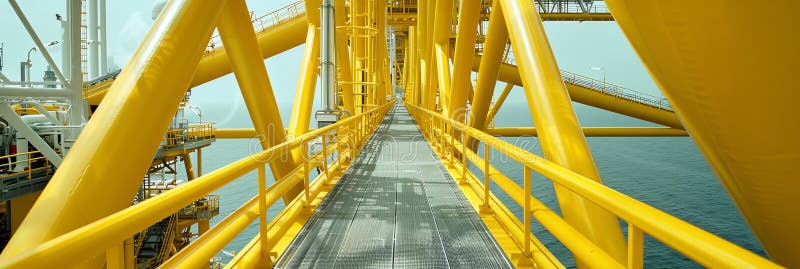 Long Yellow Metal Walkway Perspective with Ocean, Yellow Metal ...