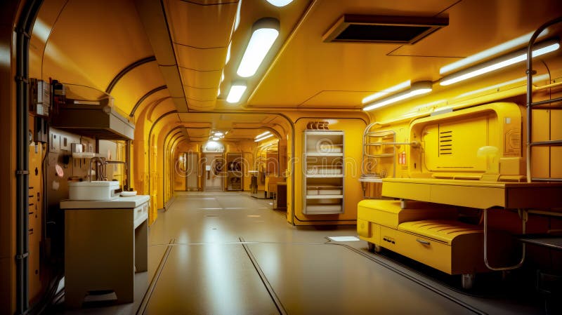 Long Yellow Room with Bunch of Shelves on the Side of the Room ...