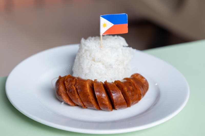 Longanisa Sausage with Rice and Flag of Philippines on White Plate ...
