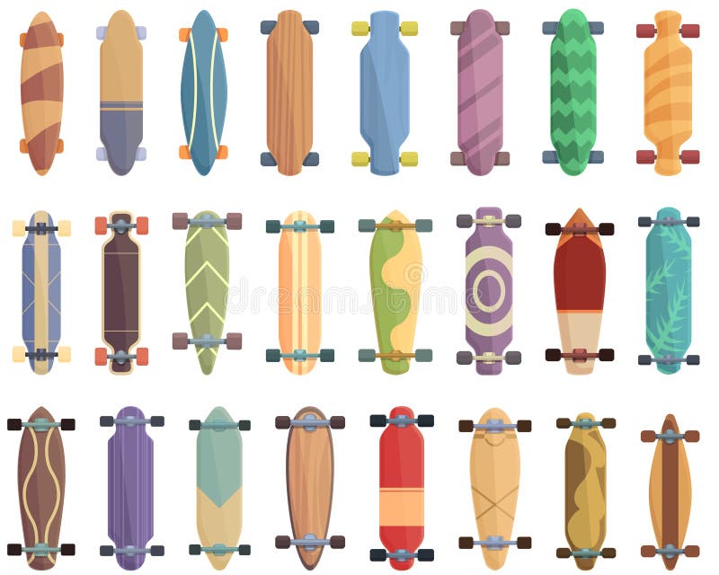 Longboard Icons Set Cartoon Vector. Long Skateboard Stock Vector ...