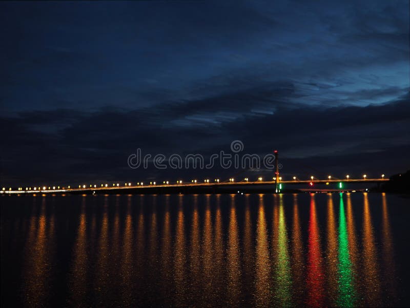 Long Bridge in Lights at Night. Stock Photo - Image of night, long ...