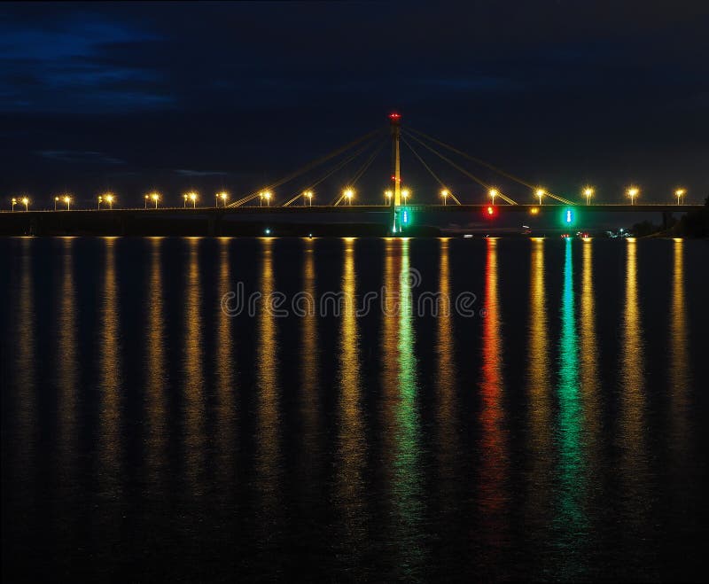 Long Bridge in Lights at Night. Stock Image - Image of city, colors ...