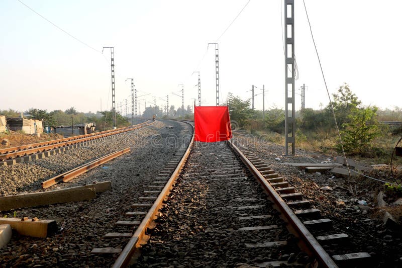 The Longest Railroad Tracks with Stop Red Flag Close Signal - Image ...