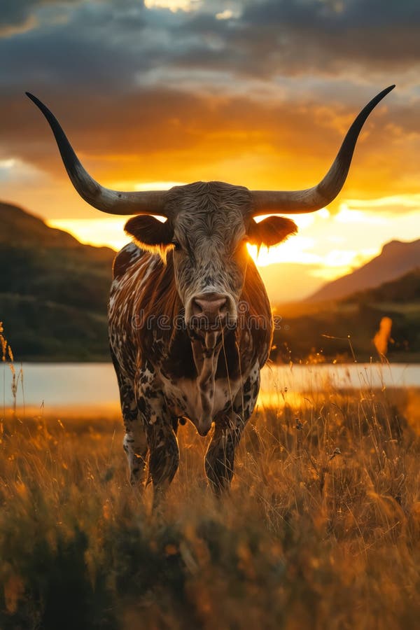 A Longhorn Bull Standing in a Field of Tall Grass at Sunset. Generative ...