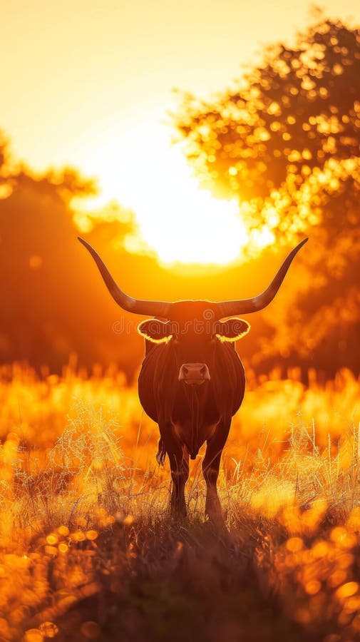Longhorn Cow in a Golden Sunset Field Stock Photo - Image of horns ...