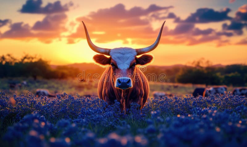 Longhorn Cow in Vibrant Bluebonnet Field during Sunset with Dramatic ...
